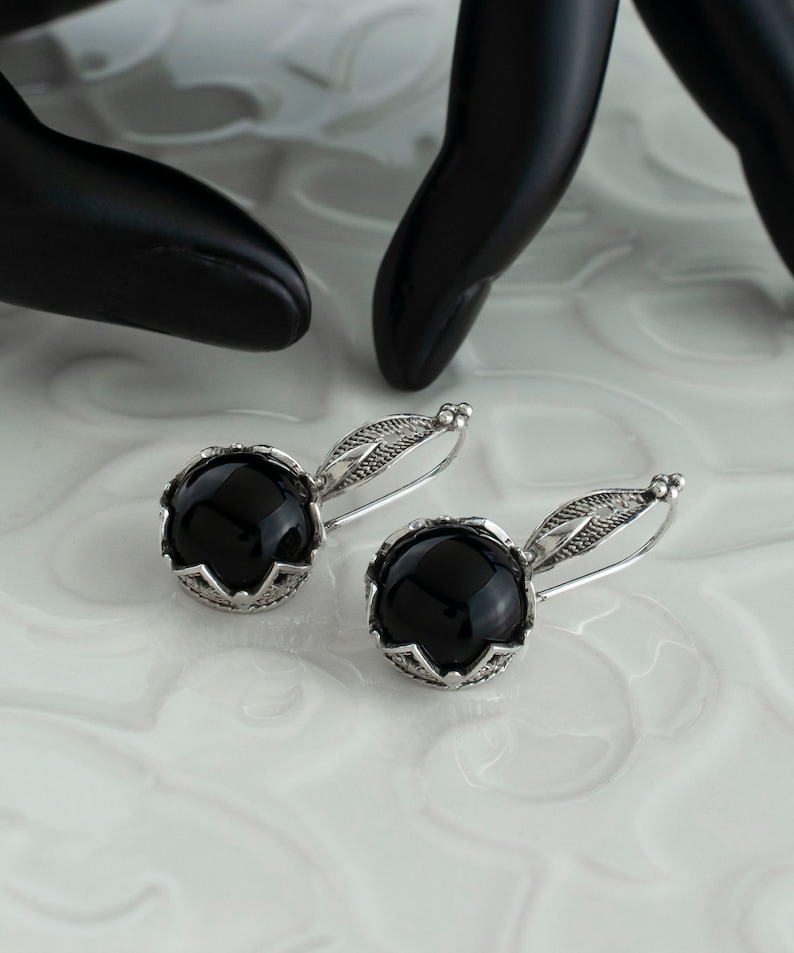 Black Onyx Silver Gothic Dangle Earrings 925 Sterling Silver Filigree ...