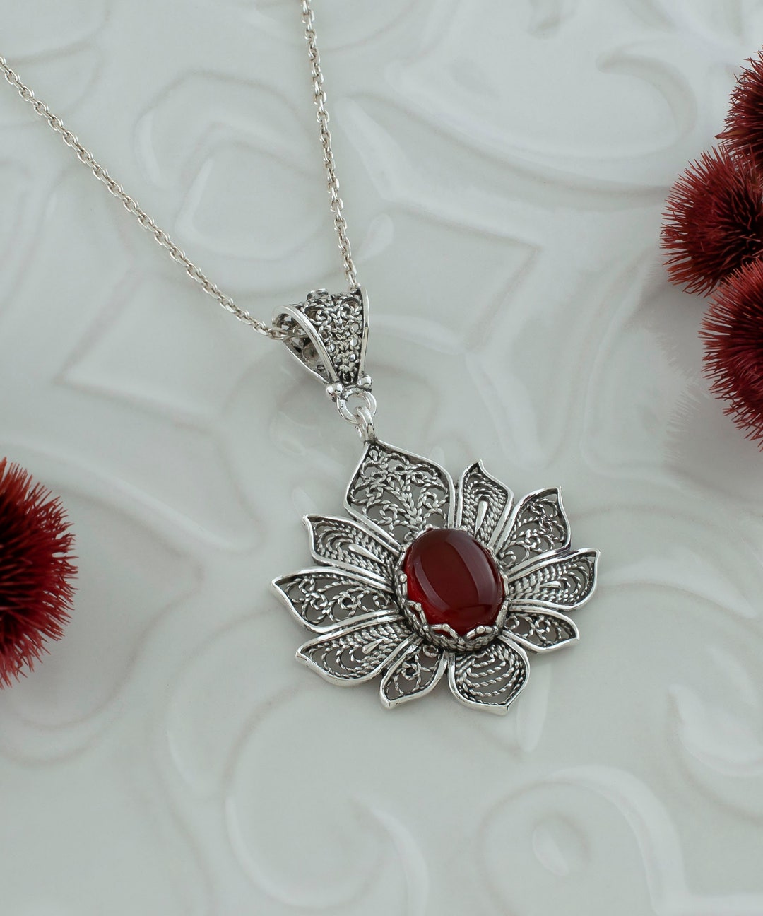 Carnelian Silver Goth Lotus Flower Pendant Necklace, 925 Sterling ...