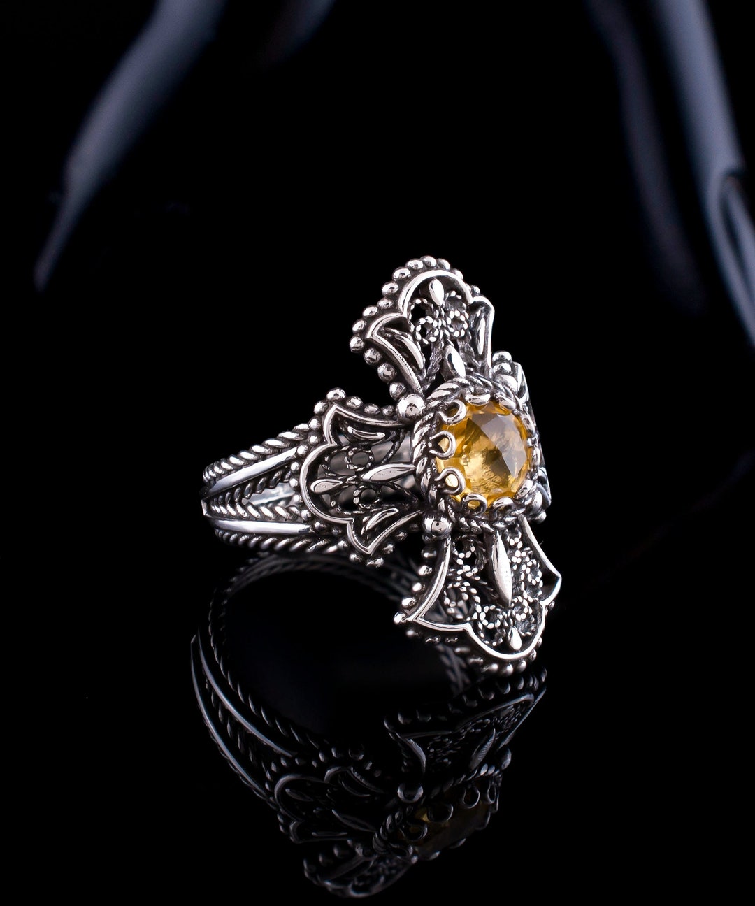 Citrine Silver Filigree Christian Cross Ring, 925 Sterling Artisan ...