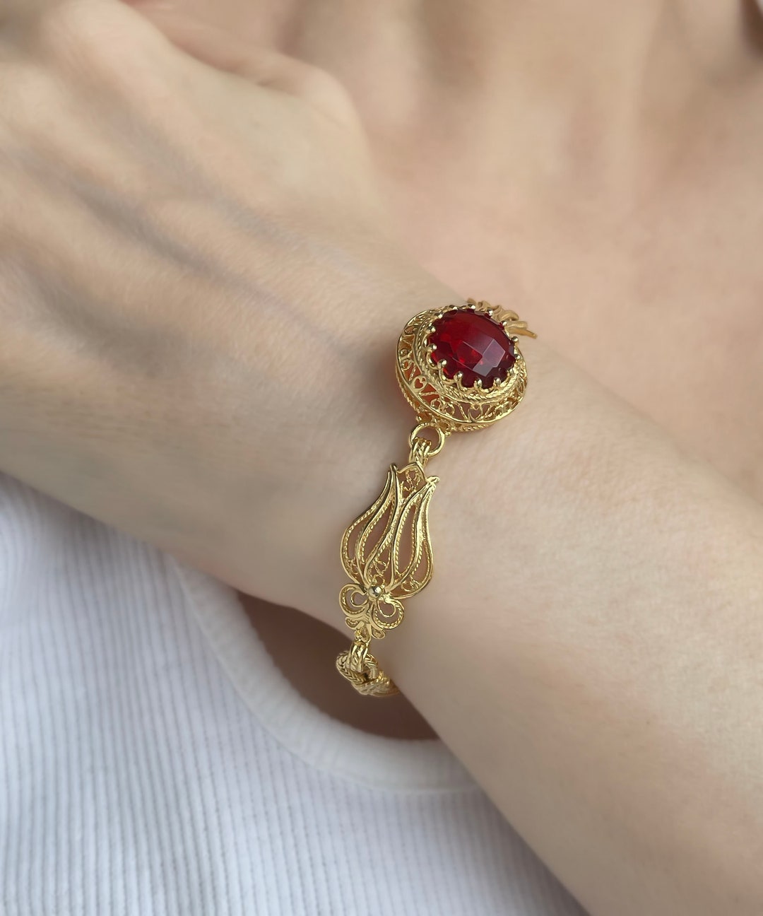 Gold Ruby Vintage Style Silver Edwardian Bracelet, 925 Sterling Gold ...