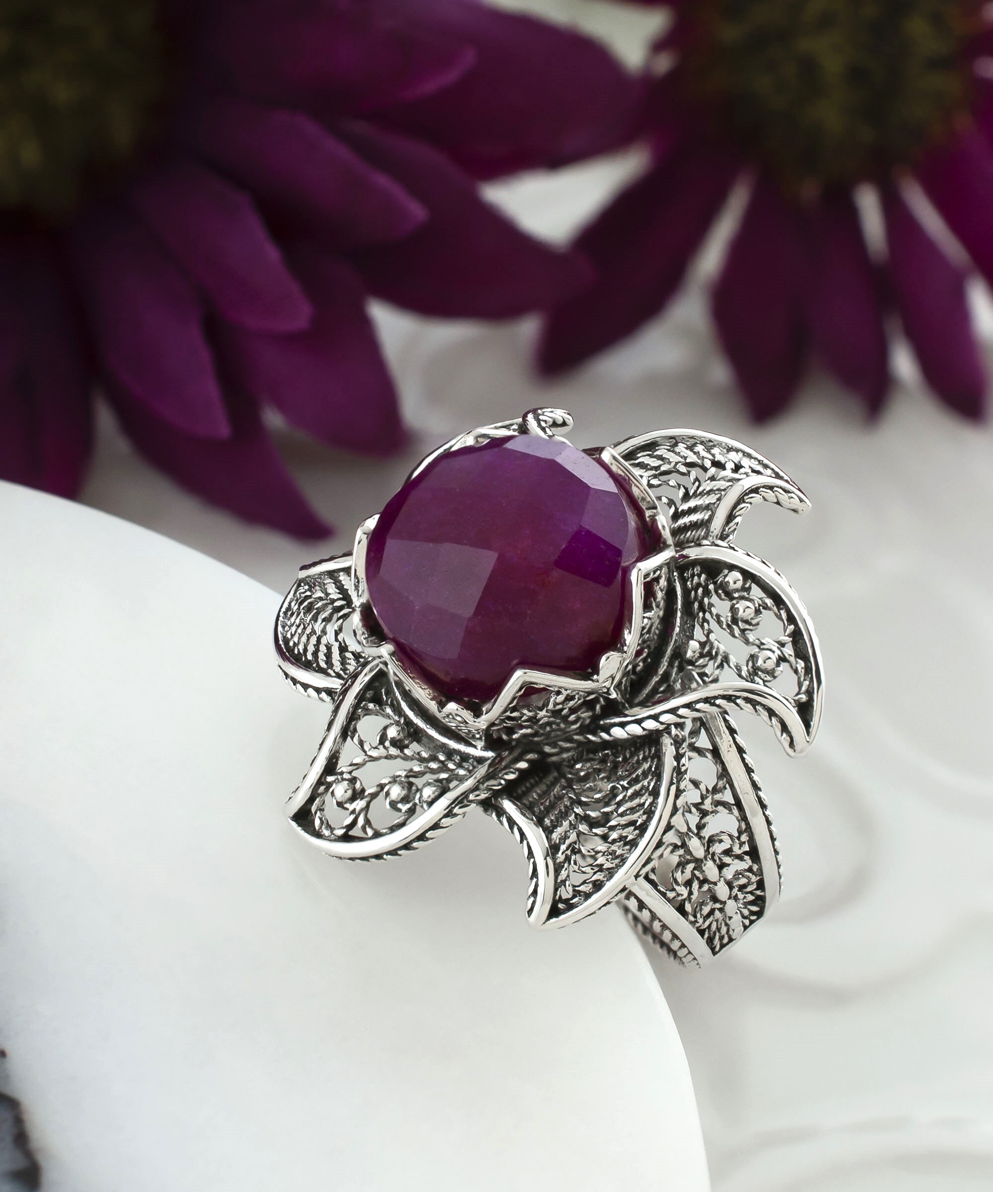 Ruby Corundum Silver Lotus Filigree Women Ring, 925 Sterling Artisan ...