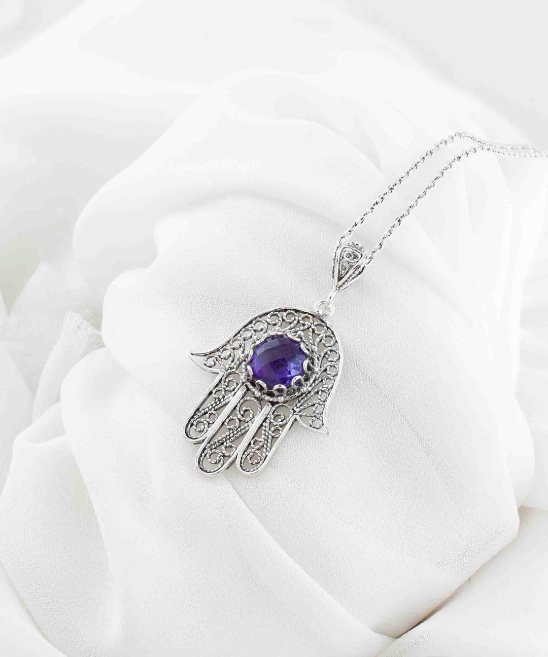 Silver Hand of Fatima Pendant Necklace Amethyst, 925 Sterling Silver ...