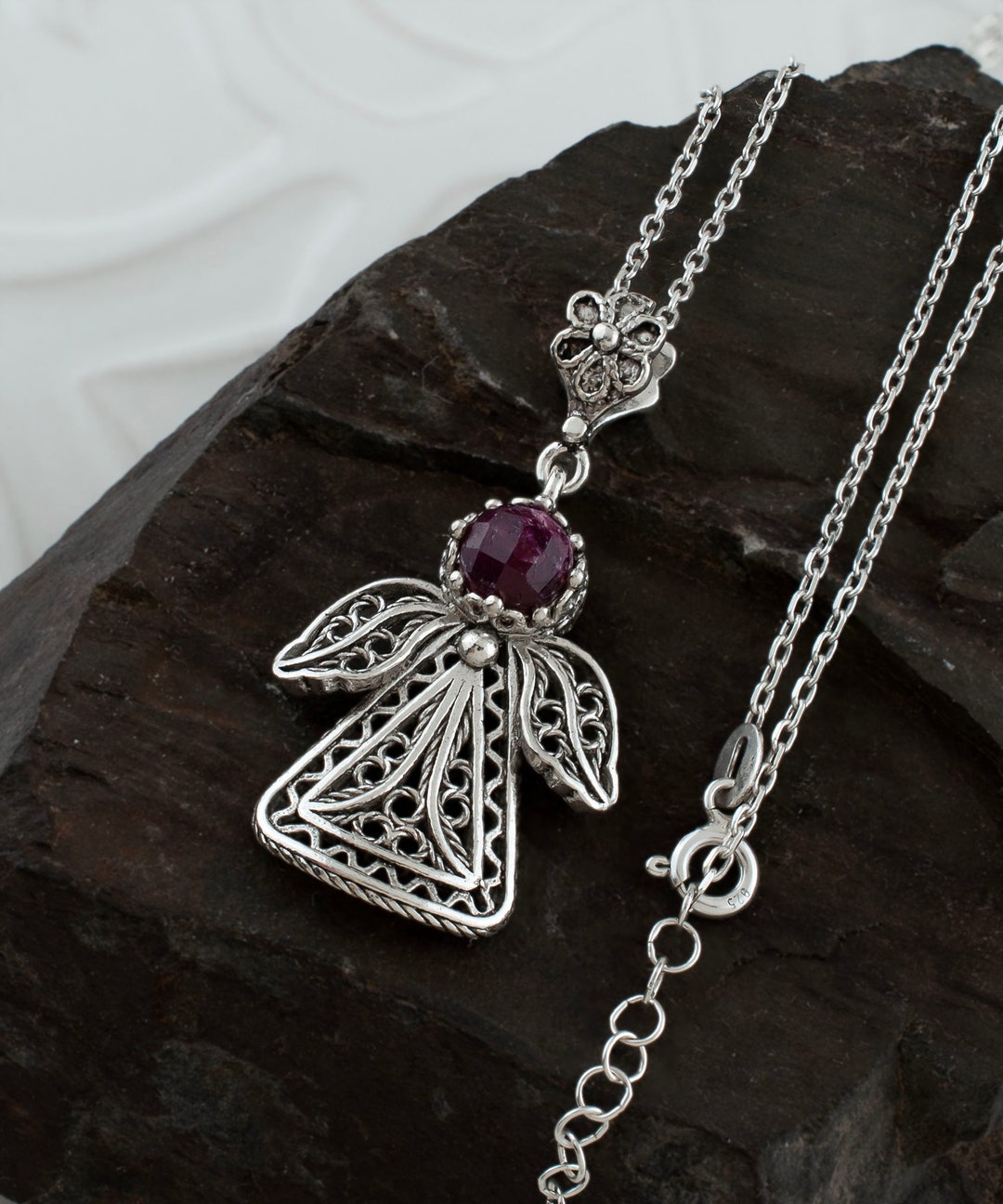 Ruby Guardian Angel Charm Pendant Necklace, Red Corundum Stone Handmade ...