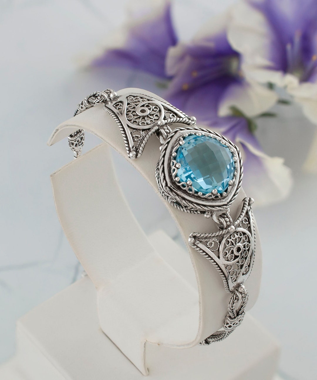 Sky Blue Topaz Silver Filigree Bracelet, 925 Sterling Silver Genuine ...