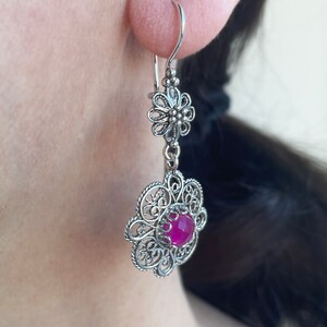 Ruby Corundum Silver Gothic Flower Dangle Earrings, Sterling Silver Red ...