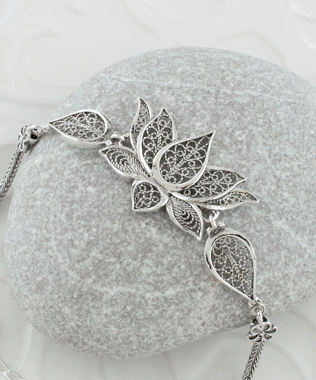 Silver Handmade Filigree Lotus Flower Bracelet, 925 Sterling Silver ...