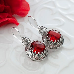 Ruby Silver Victorian Filigree Drop Earrings, 925 Sterling Silver Ruby ...