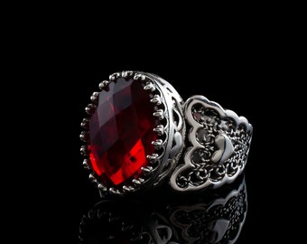 Victorian Gothic Ring Ruby Red Ornate Silver Filigree - Etsy