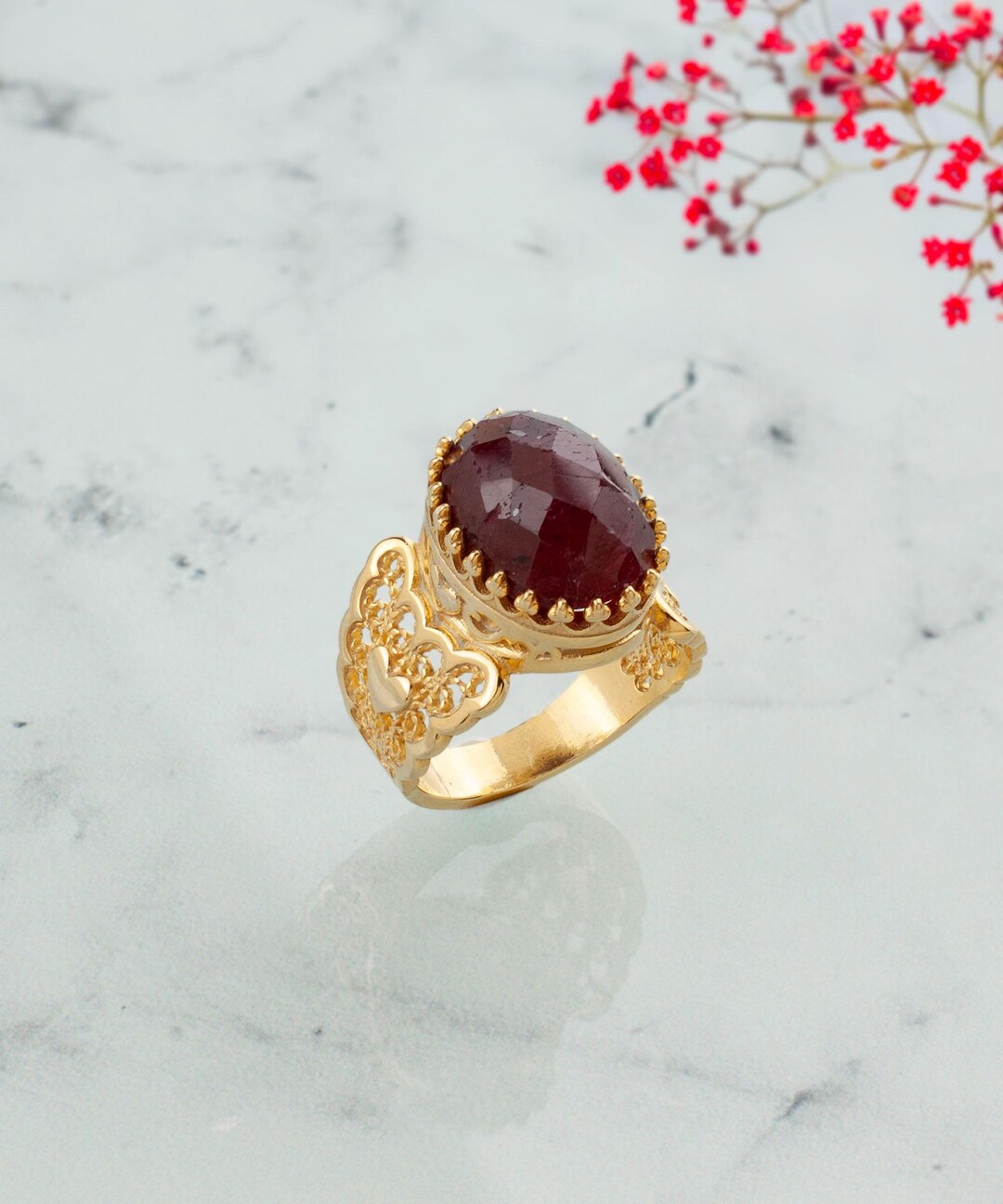 Gold Ruby Goth Edwardian Silver Red Heart Ring, 925 Sterling Corundum ...