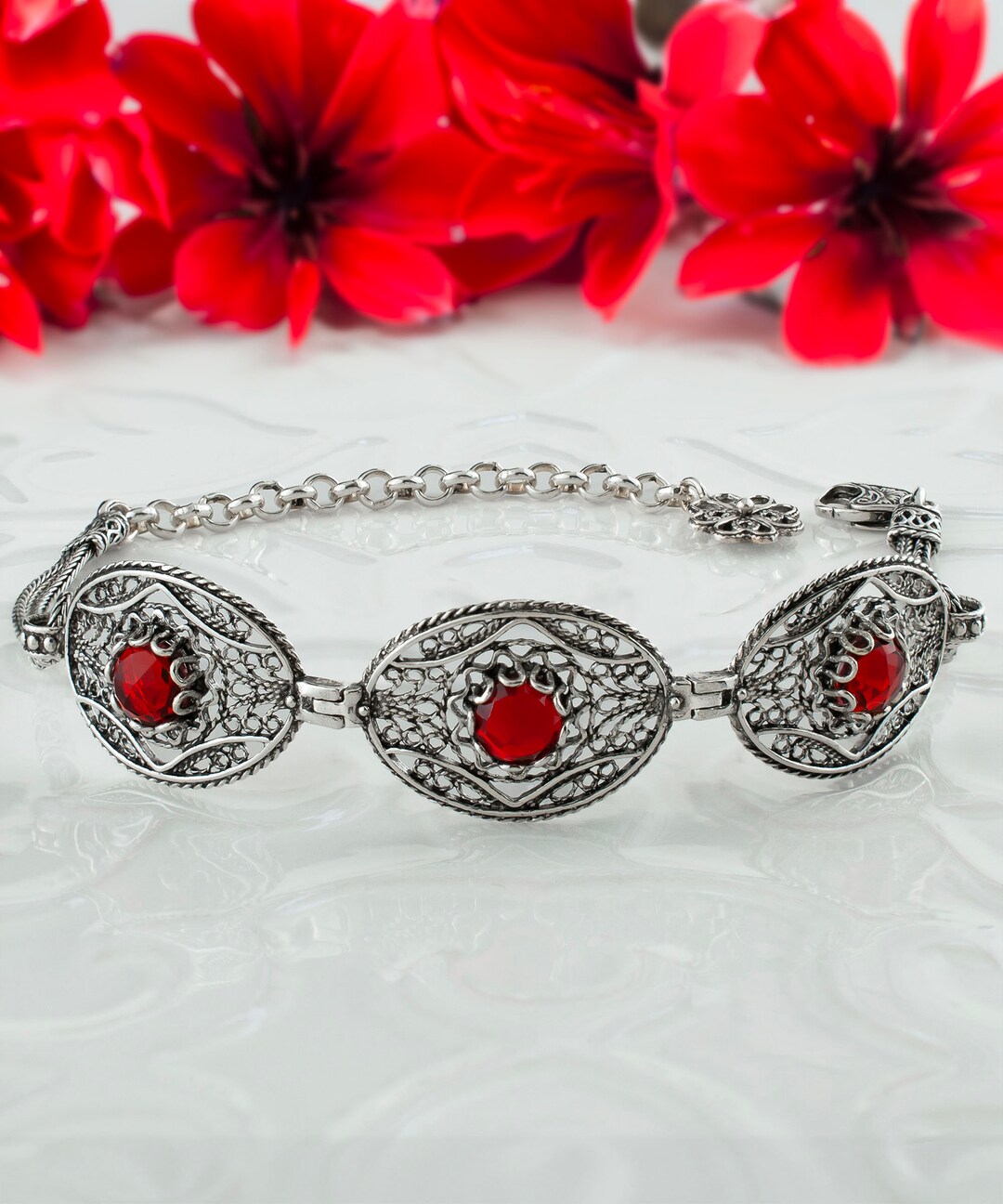 Ruby Silver Gothic Vintage Oval Women Bracelet, Sterling Silver Red ...