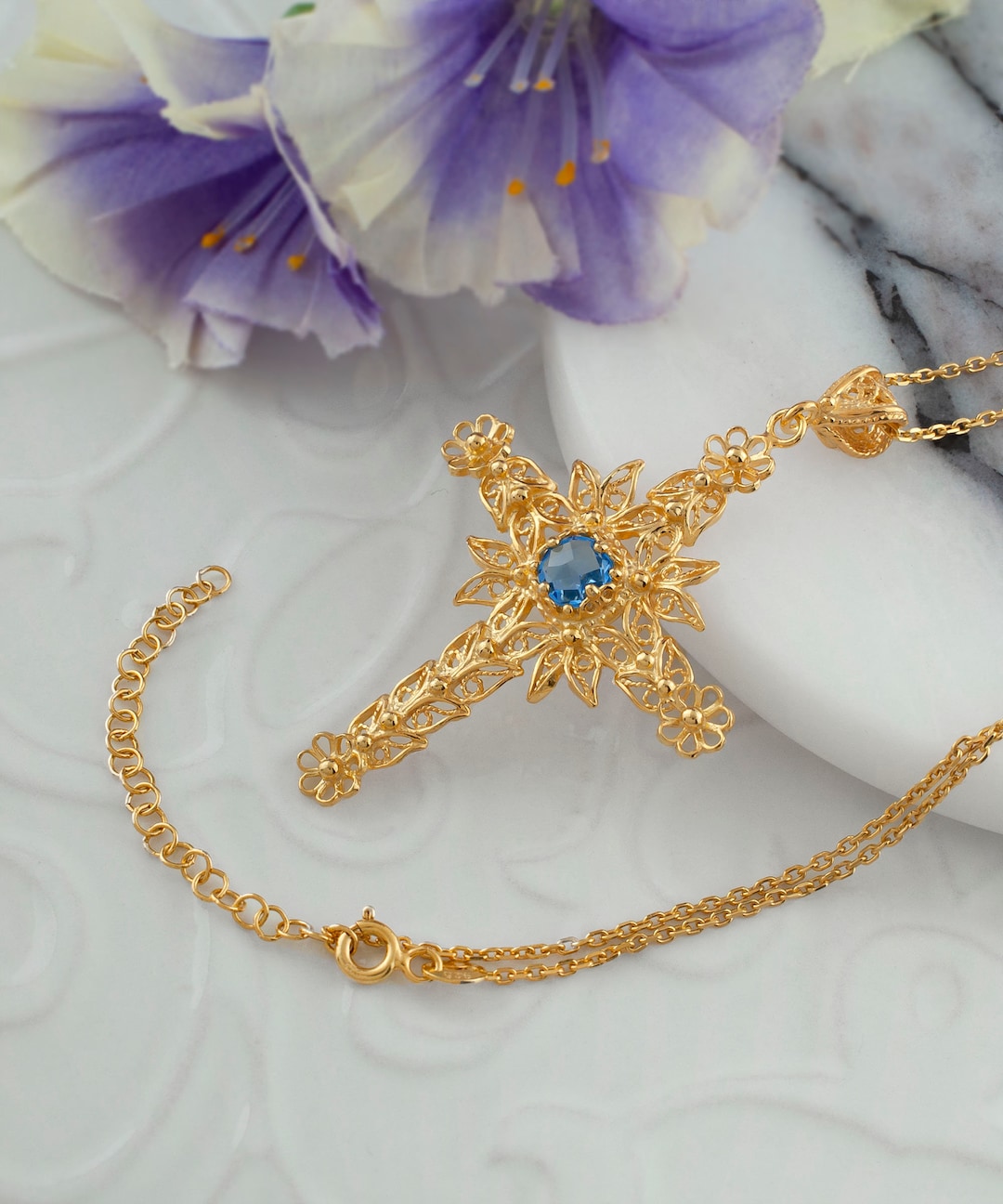 Blue Quartz Gold Silver Holy Cross Pendant Necklace, 925 Sterling ...