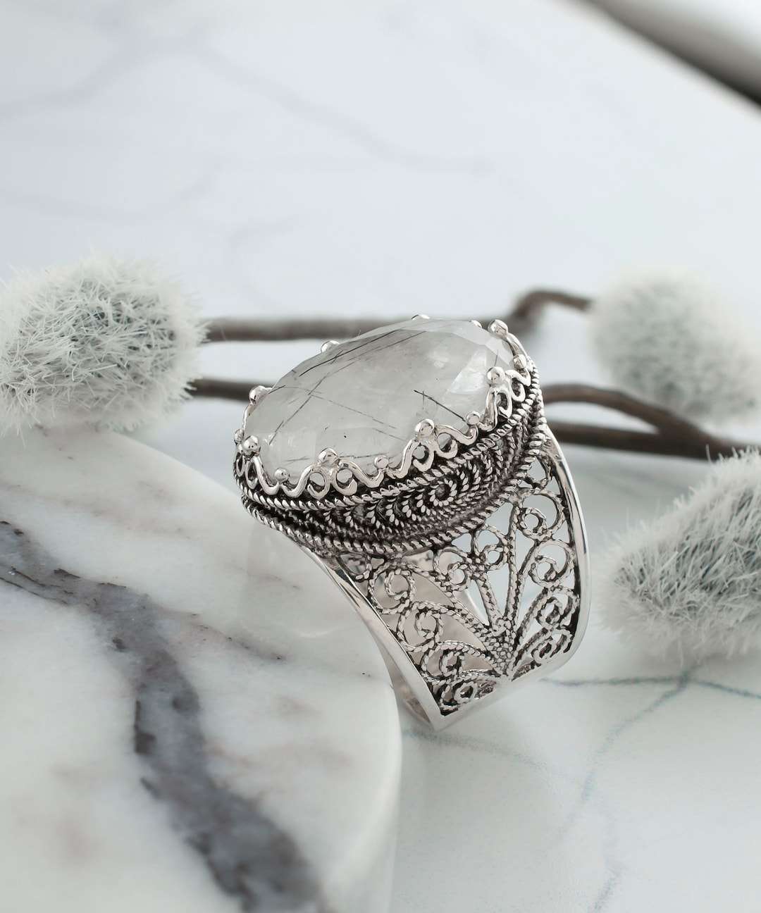 Black Rutile Quartz Silver Boho Statement Ring, 925 Sterling Silver Artisan Made Oval Filigree ...
