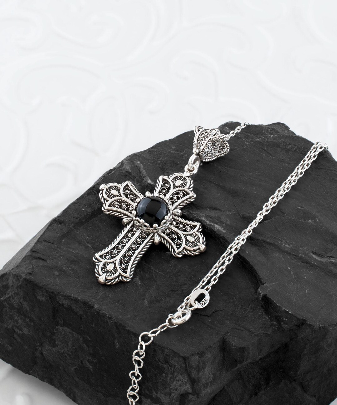 Onyx Silver Holy Cross Baptism Pendant Necklace, 925 Sterling Silver ...