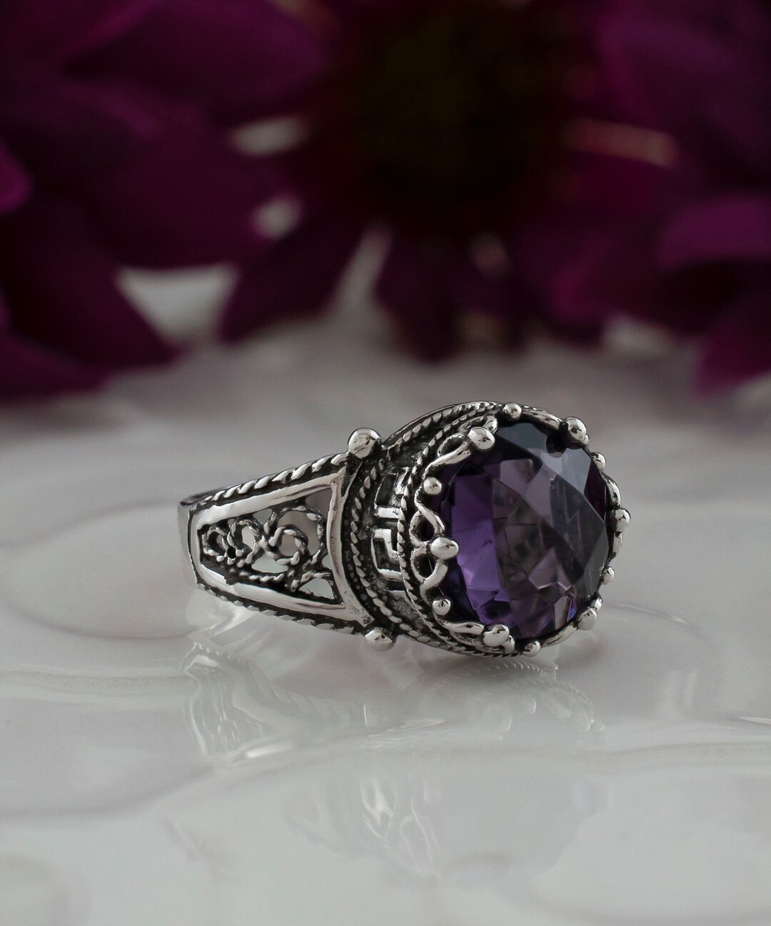 Amethyst Silver Gothic Filigree Ring, 925 Sterling Silver Artisan Made ...