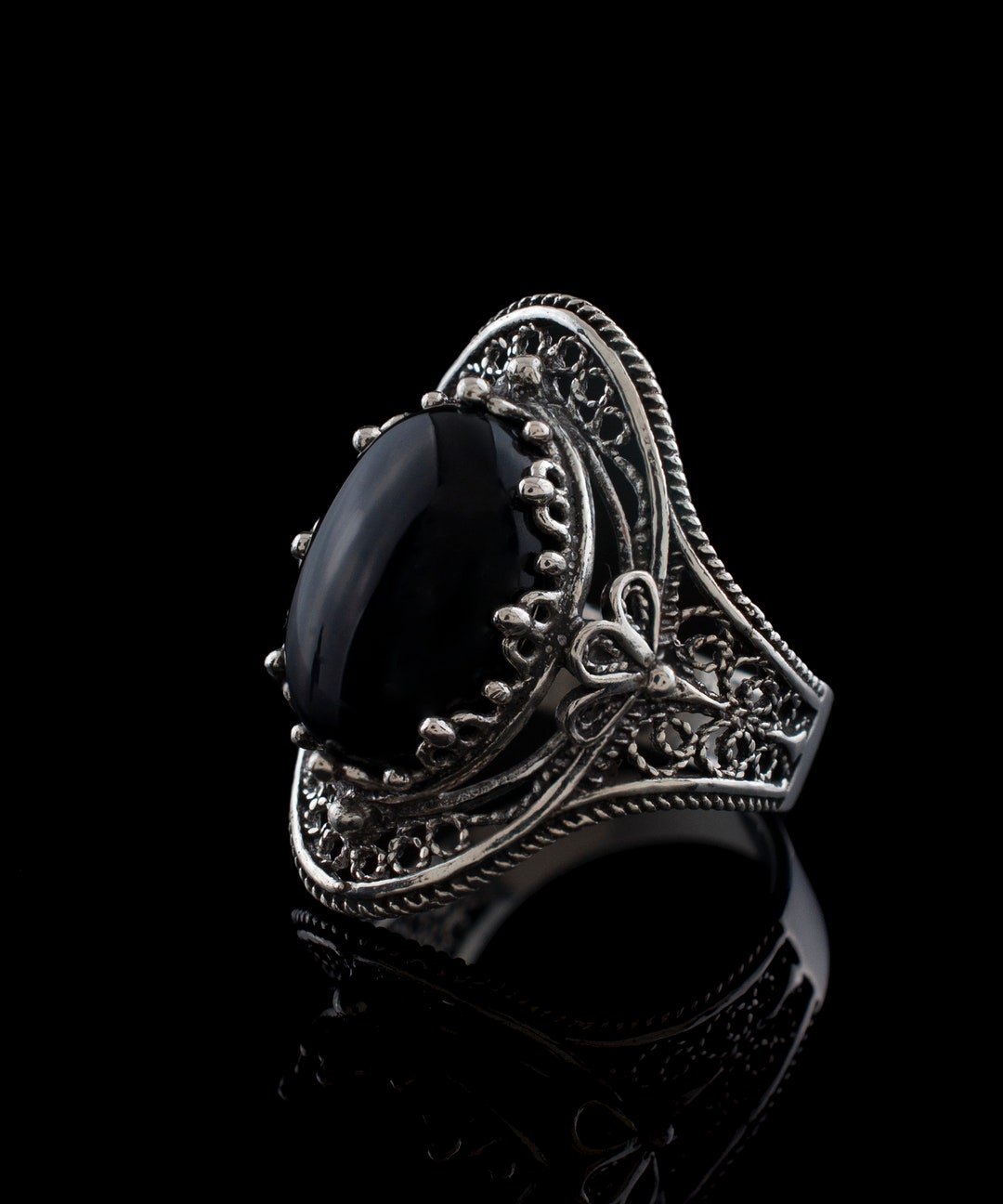 Black Onyx Silver Gothic Women Filigree Ring, 925 Sterling Silver ...