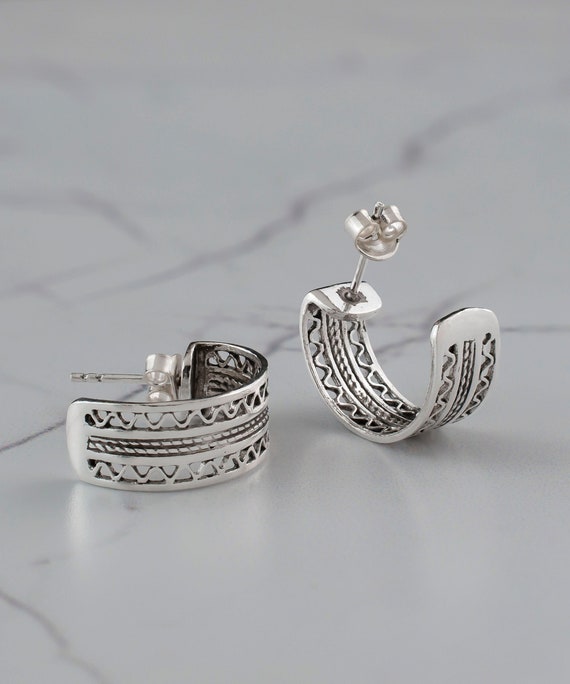 Silver Filigree Boho Huggie Wide C Hoop Earrings 925 Sterling Unique Designer Earrings Artisan Handcrafted Filigree Handmade Jewelry Etsy