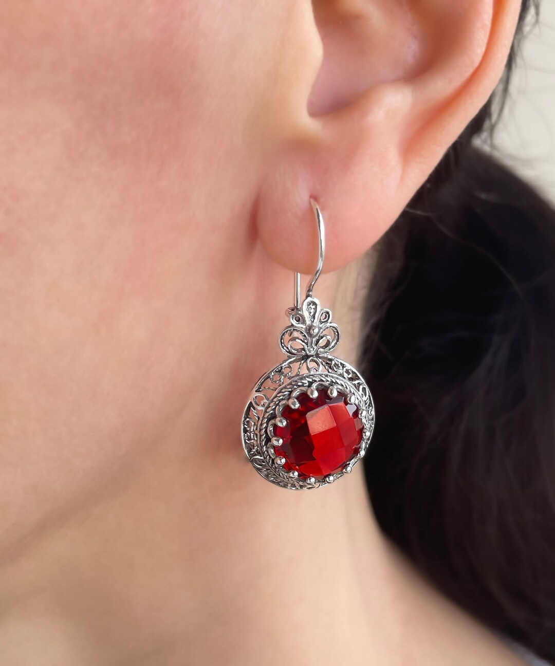 Ruby Silver Victorian Filigree Drop Earrings, 925 Sterling Silver Ruby ...