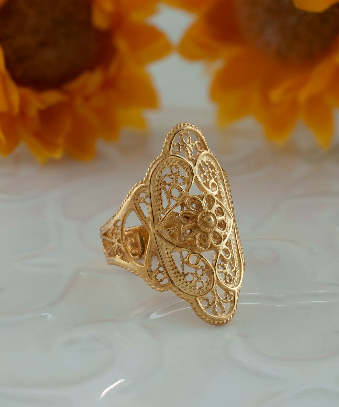 Gold Plated Silver Filigree Lace Floral Ring, 925 Sterling Artisan Made ...