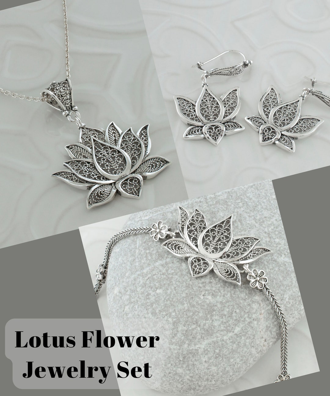 Silver Filigree Boho Lotus Flower Jewelry Set, 925 Sterling Silver ...