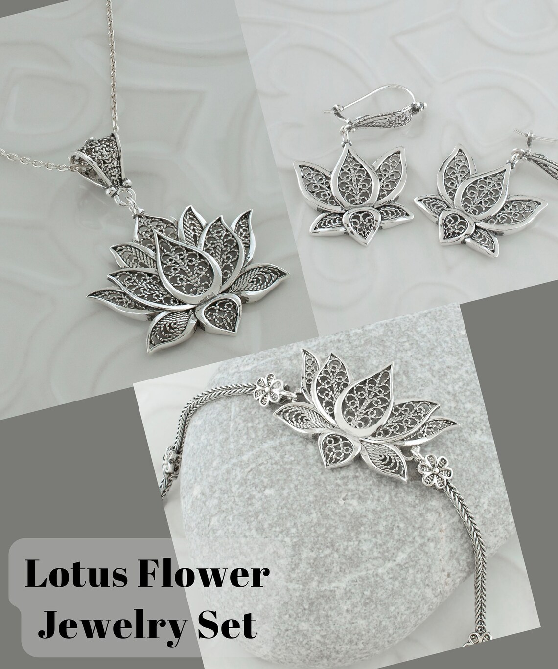 Silver Filigree Boho Lotus Flower Jewelry Set, 925 Sterling Silver ...