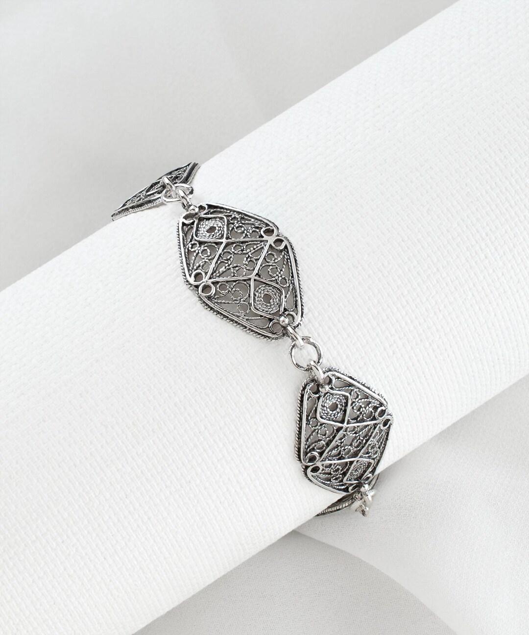 Silver Filigree Diamond Shape Panel Bracelet 925 Sterling Silver ...