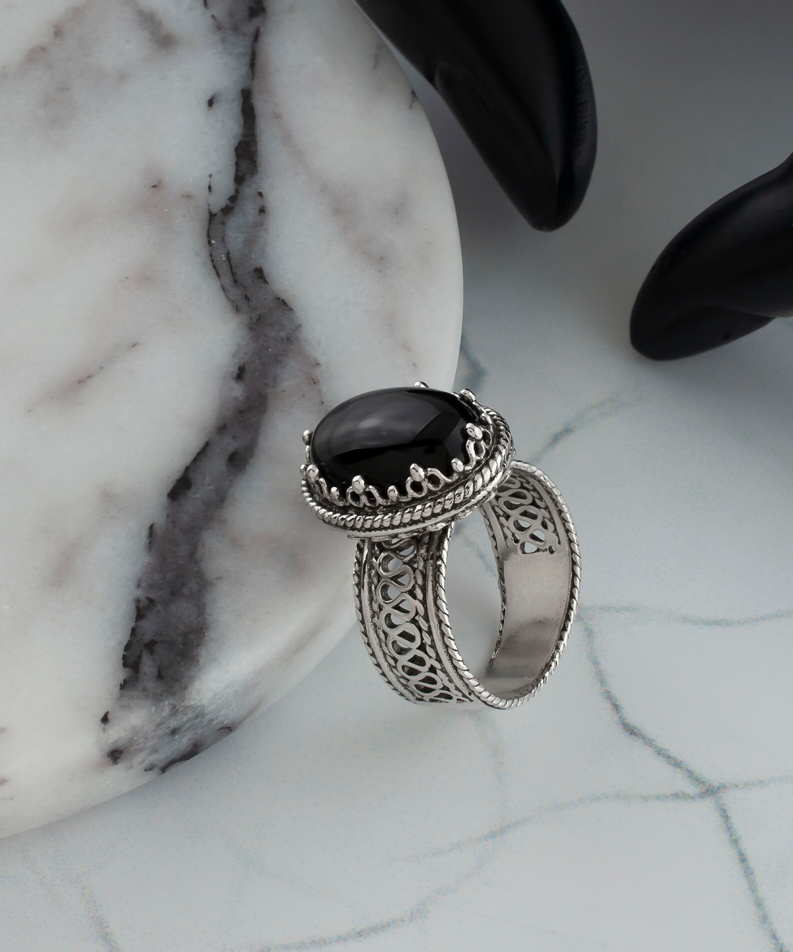 Black Onyx Silver Gothic Statement Ring 925 Sterling Artisan - Etsy