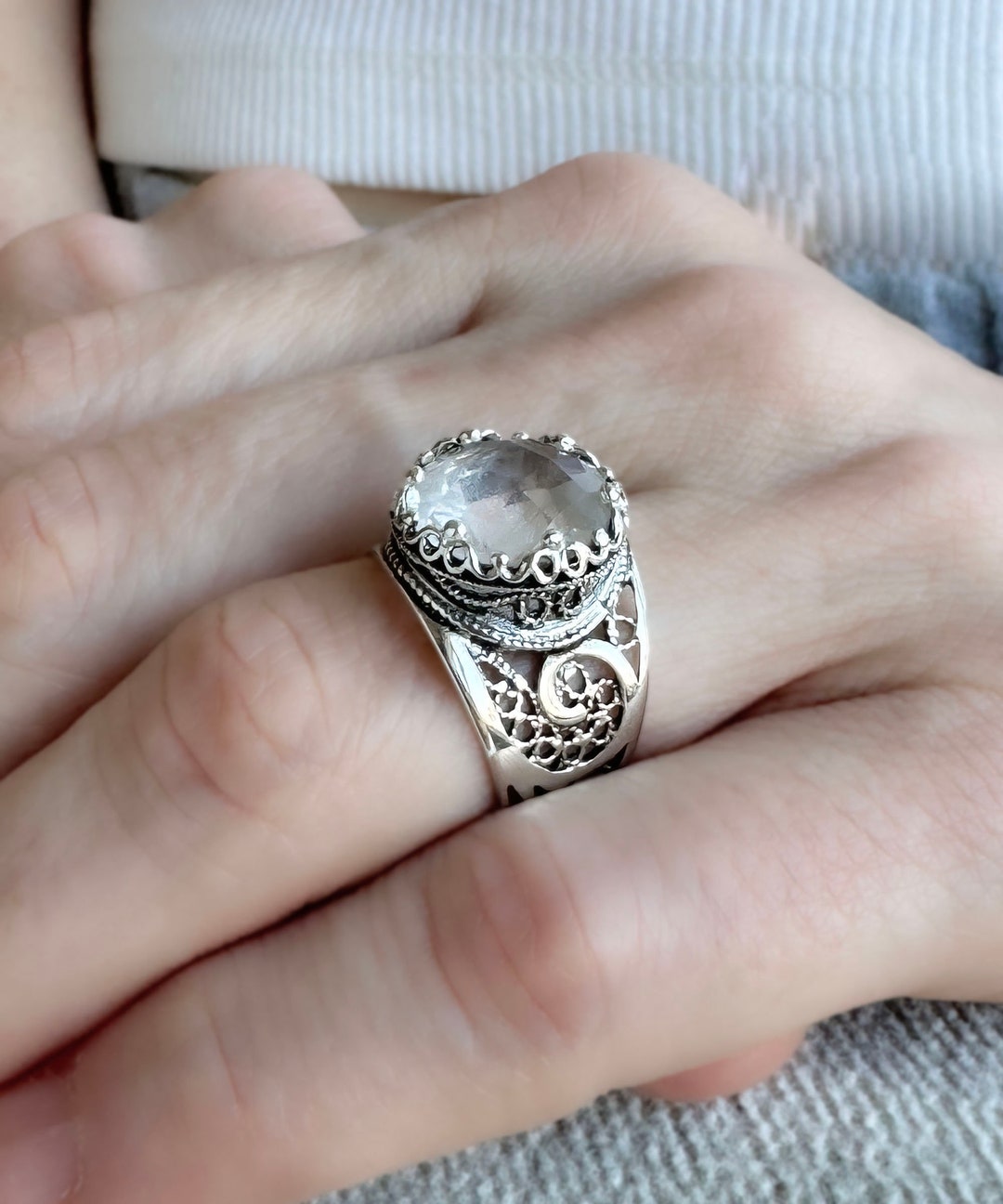 Natural White Topaz Silver Filigree Ring, Promise Gemstone Handmade ...
