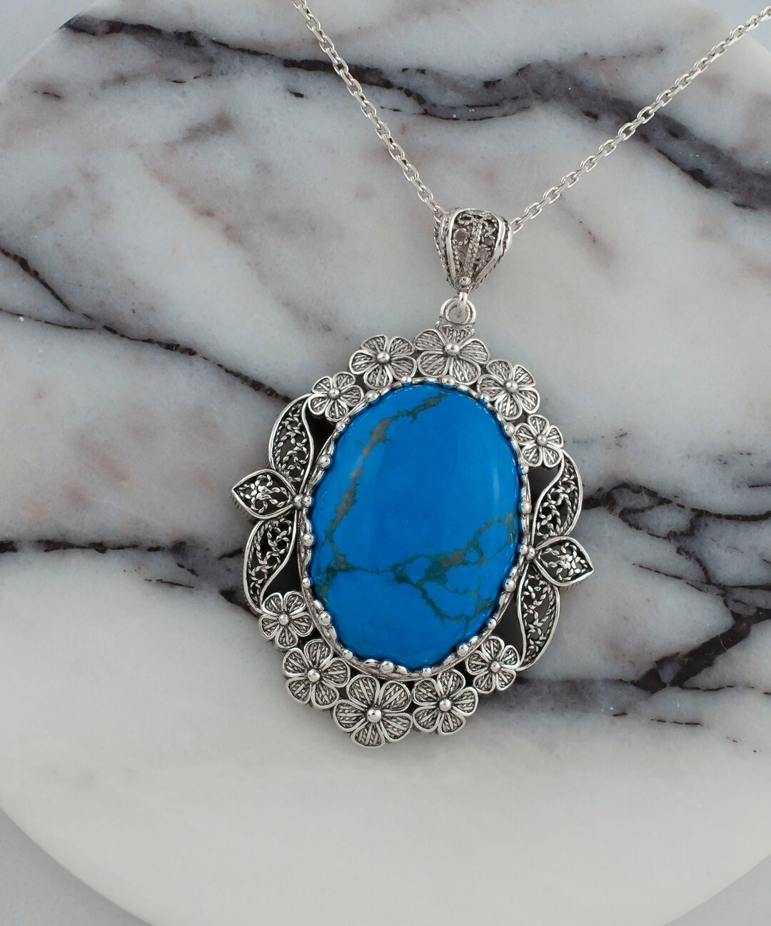 Turquoise Silver Bold Large Boho Pendant Necklace, 925 Sterling Big ...