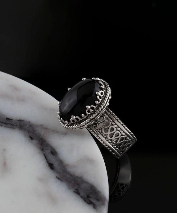 Black Onyx Silver Gothic Statement Ring 925 Sterling Artisan - Etsy