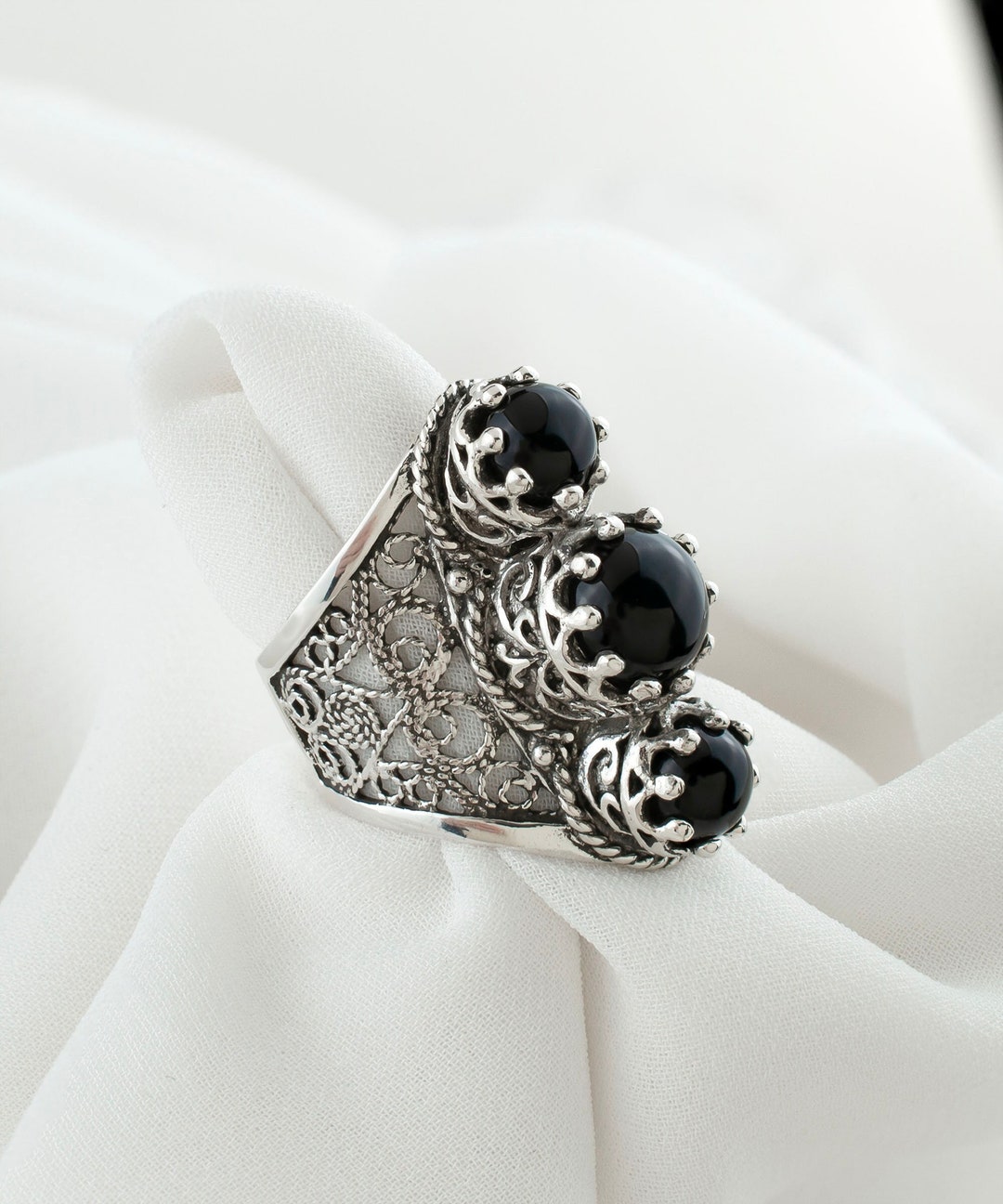 Black Onyx Silver Gothic Bold Statement Ring, Handmade Unique Goth ...