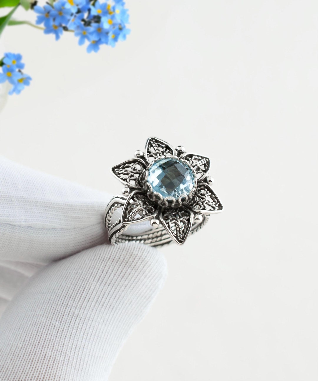 Blue Topaz Silver Victorian Lotus Flower Ring, 925 Sterling Artisan ...