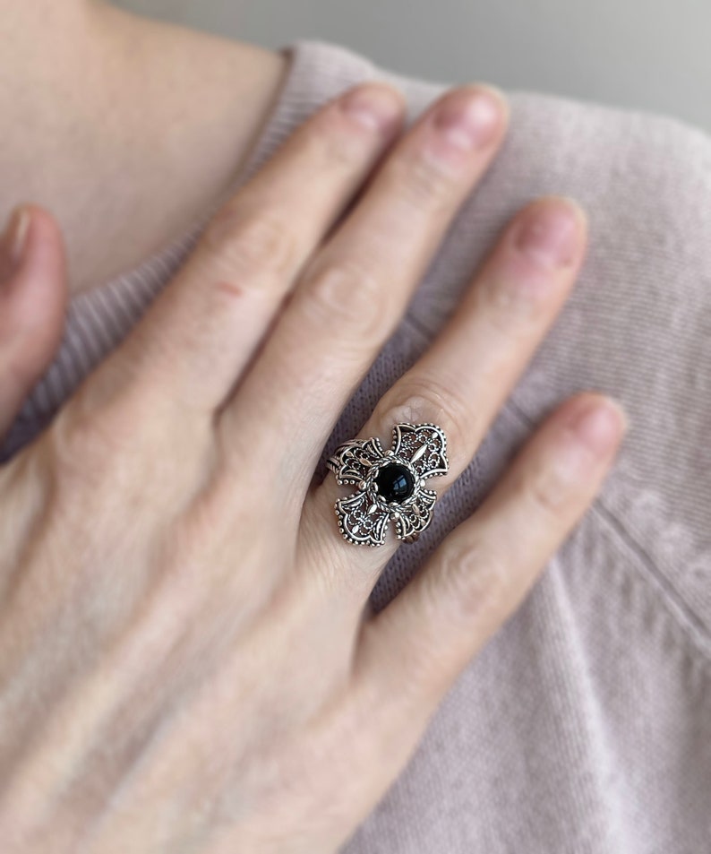 Black Onyx Silver Gothic Medieval Cross Ring 925 Sterling - Etsy