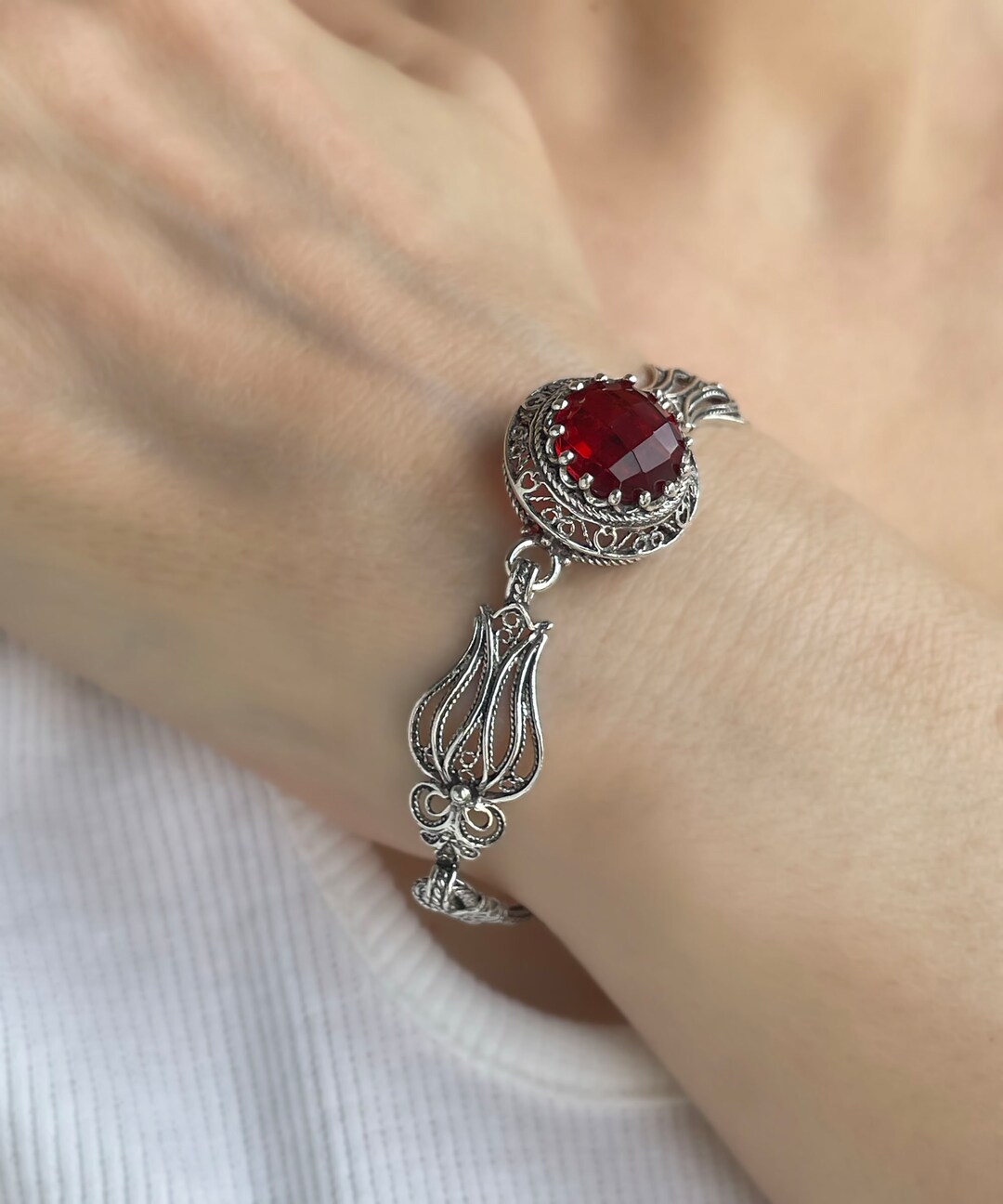 Ruby Sterling Silver Victorian Floral Bracelet, Red Ruby Quartz ...