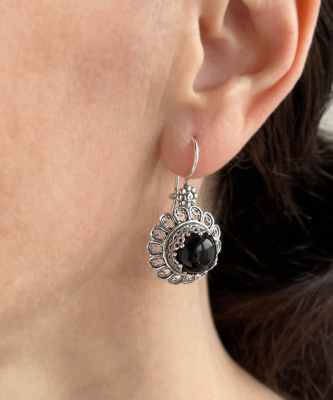 Black Onyx Silver Gothic Goth Women Drop Earrings, 925 Sterling Artisan ...