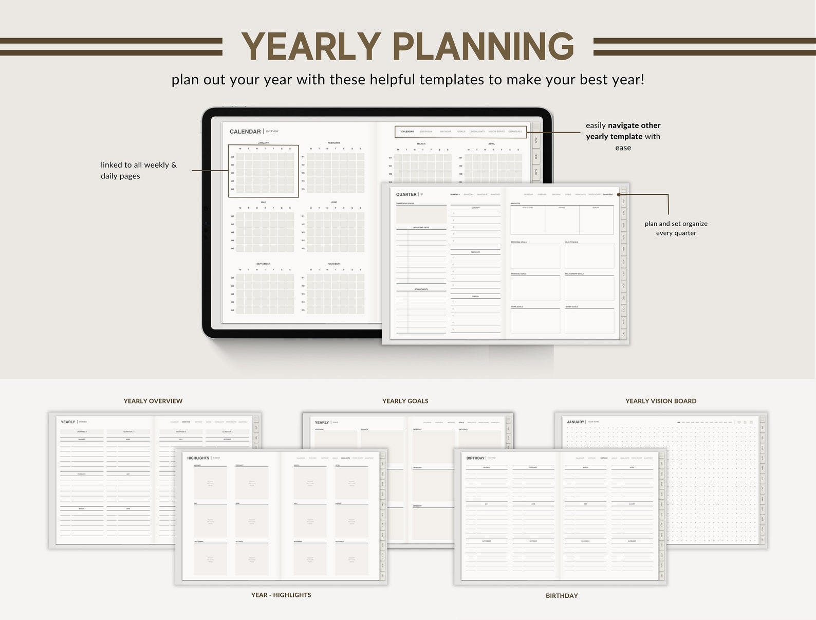 Undated Digital Planner Landscape Planner, Hyperlinked Digital Planner ...