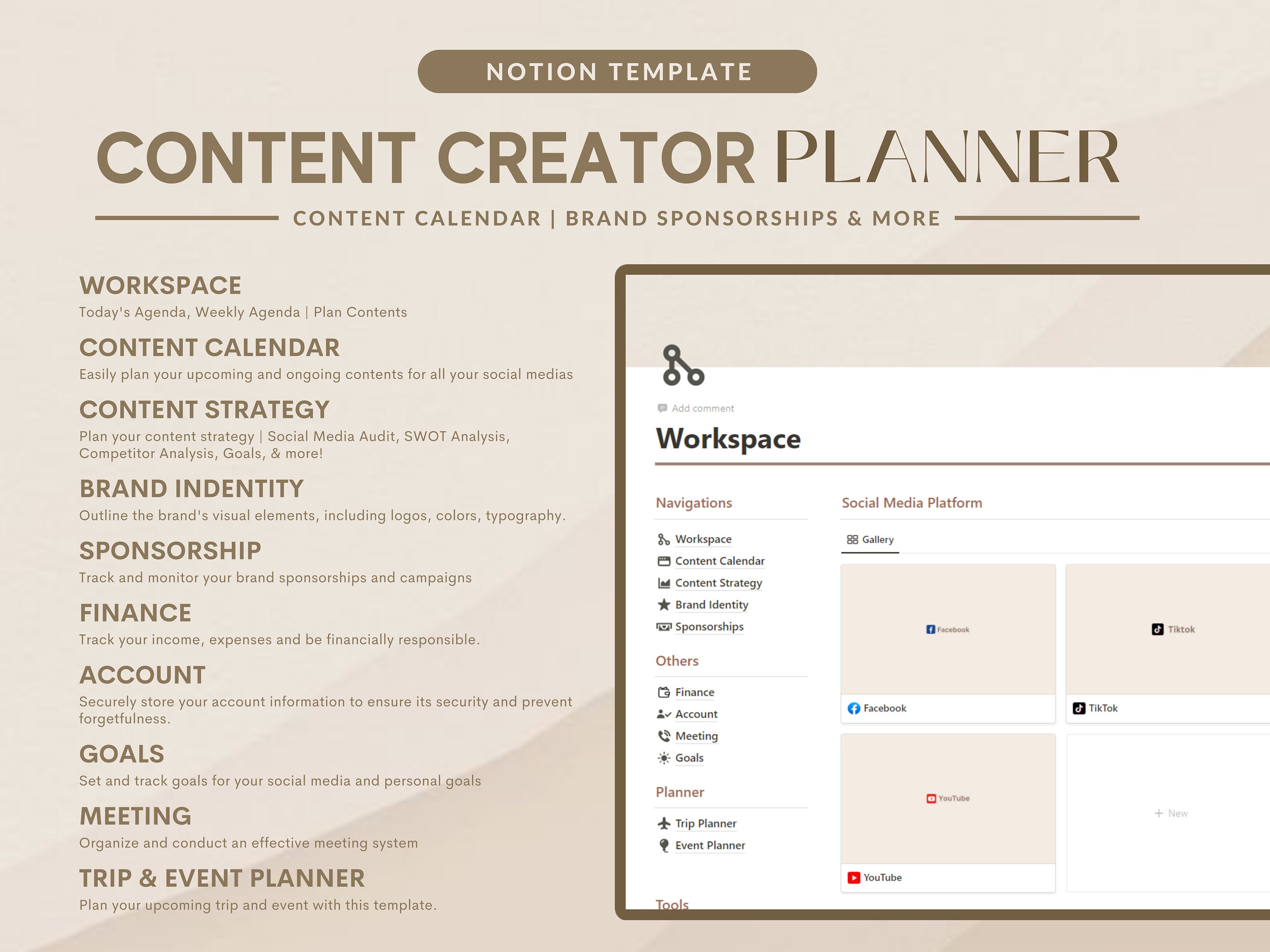 Content Creator Notion Template Social Media Planner Instagram Youtube ...