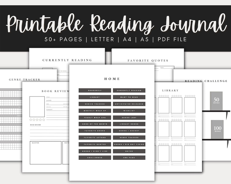Black Printable Reading Journal | Minimal Reading Planner | Book ...