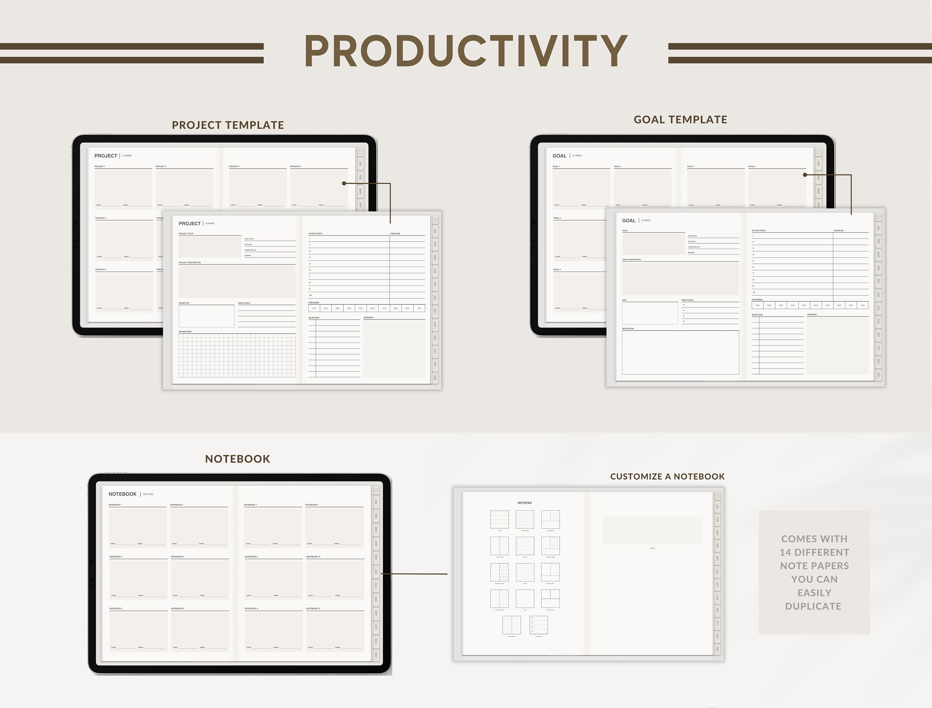 Undated Digital Planner Landscape Planner, Hyperlinked Digital Planner ...