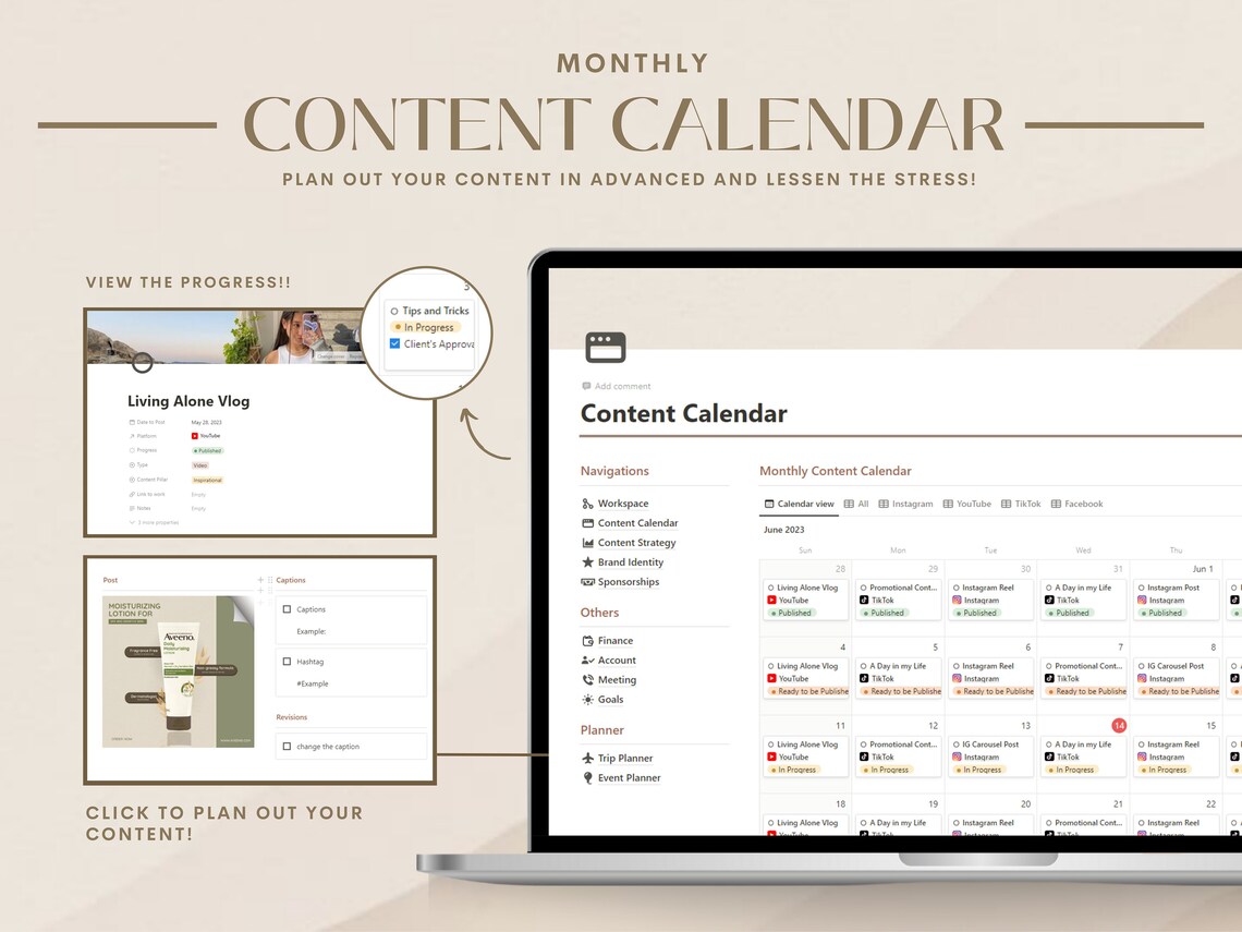 Content Creator Notion Template Social Media Planner Instagram Youtube Tiktok Facebook Planner ...