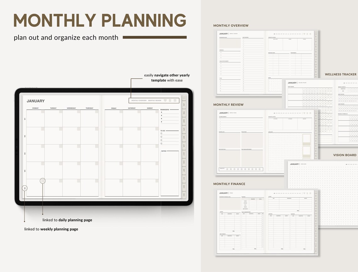 Undated Digital Planner | Landscape Planner, Hyperlinked Digital ...