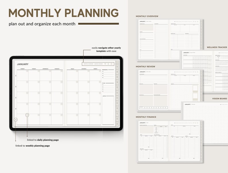 Undated Digital Planner Landscape Planner, Hyperlinked Digital Planner ...