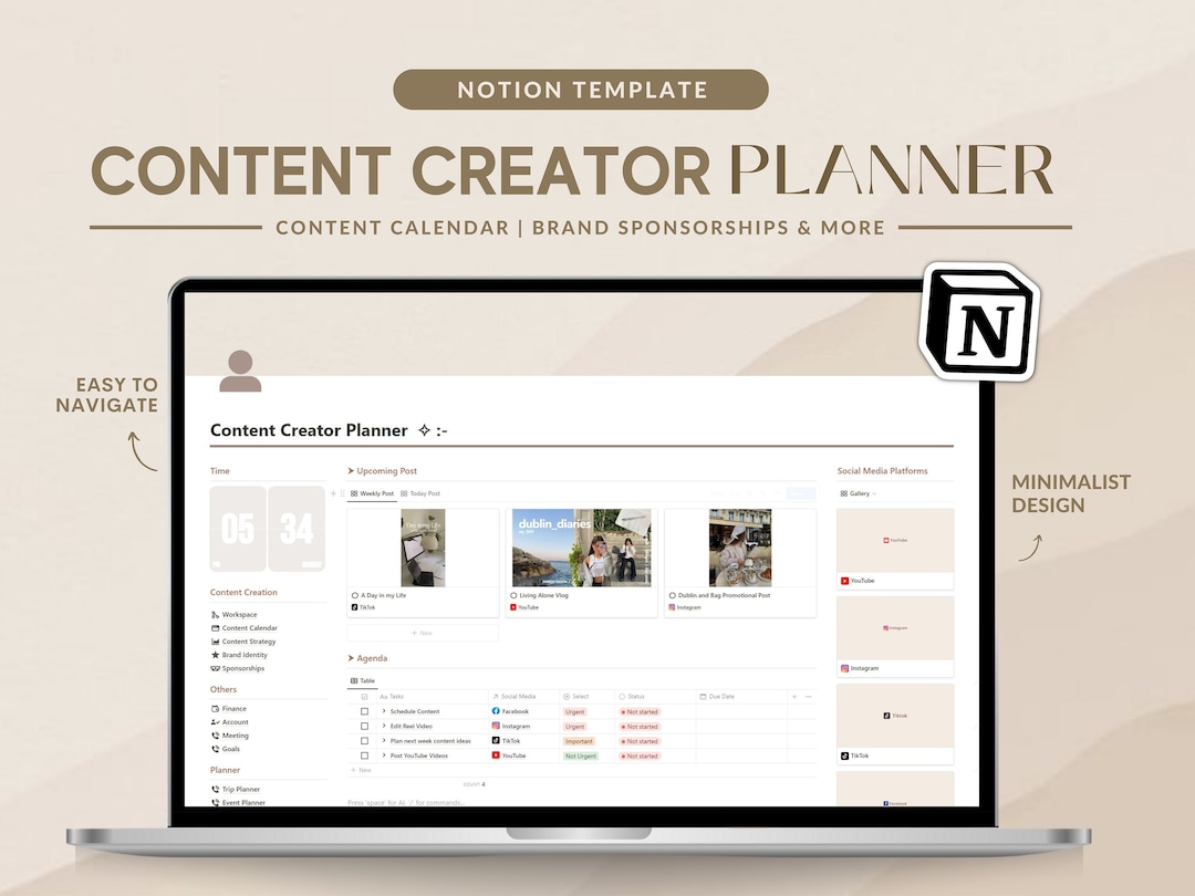 Content Creator Notion Template | Social Media Planner | Instagram Youtube Tiktok Facebook ...