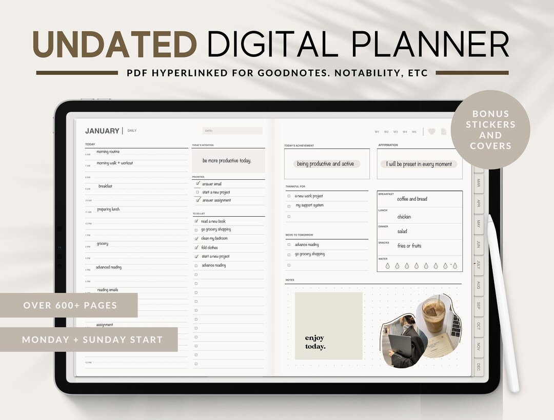 Undated Digital Planner | Landscape Planner, Hyperlinked Digital ...