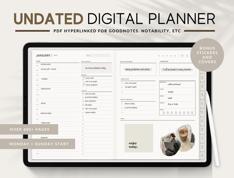 Undated Digital Planner | Landscape Planner, Hyperlinked Digital ...
