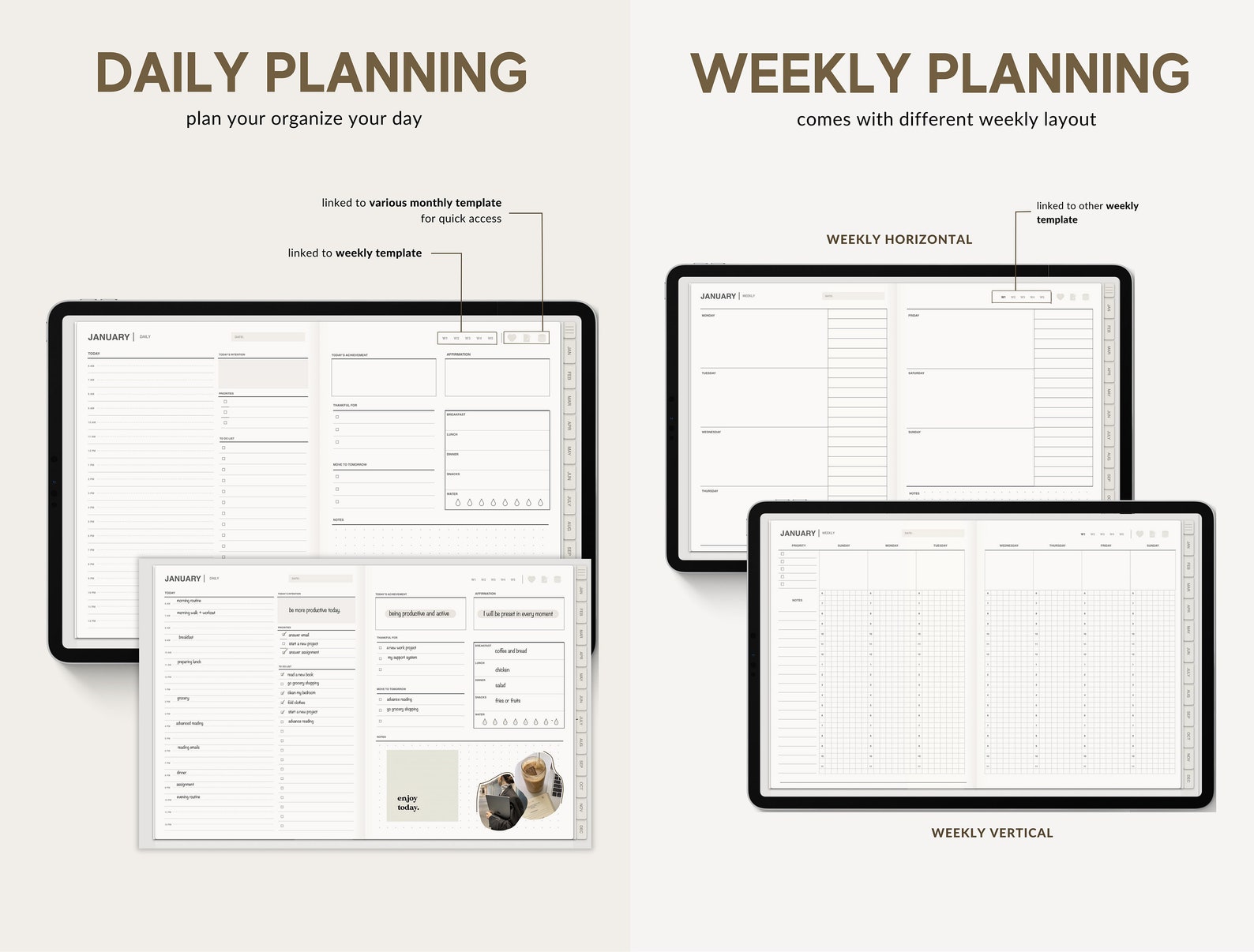 Undated Digital Planner Landscape Planner, Hyperlinked Digital Planner ...