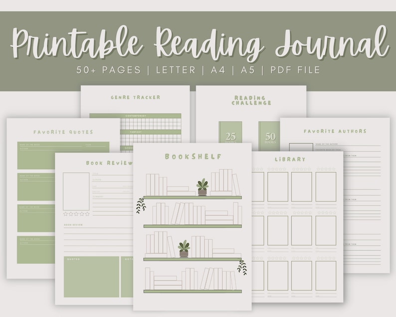 Green Printable Reading Journal | Minimal Reading Planner | Book ...