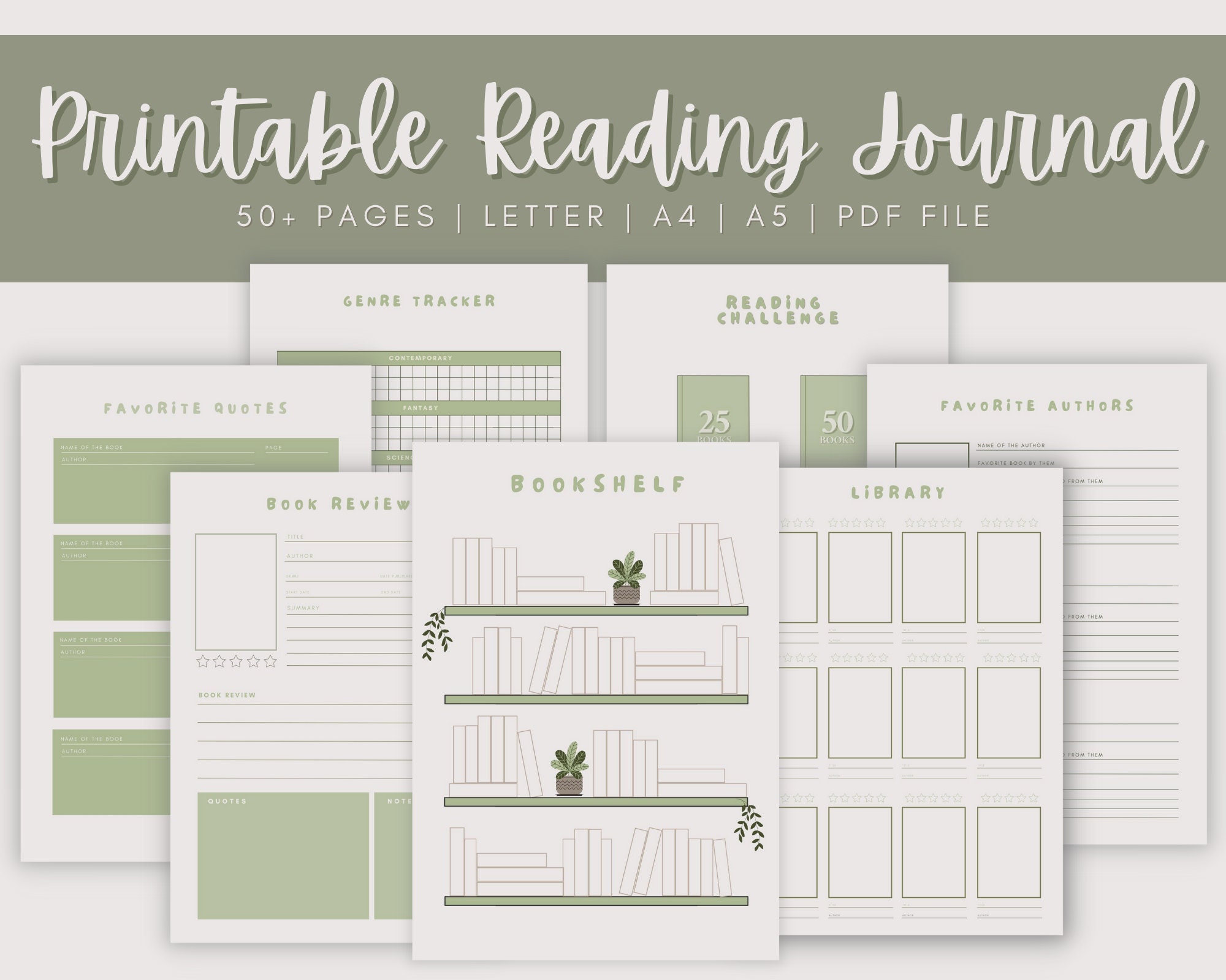 Green Printable Reading Journal Minimal Reading Planner - Etsy