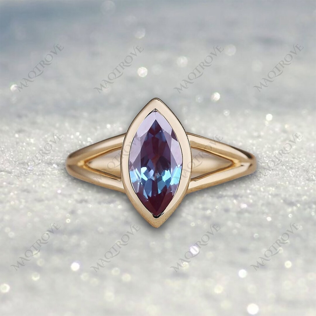Marquise Alexandrite Ring 14K Gold Ring Bezel Set Engagement Ring ...