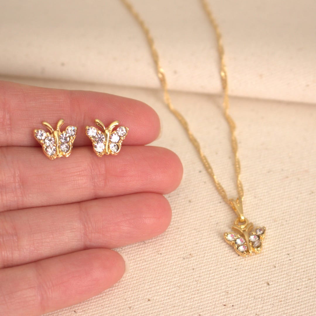 Gold Butterfly Necklace Set, Colorful Butterfly Jewelry Set, Stud ...