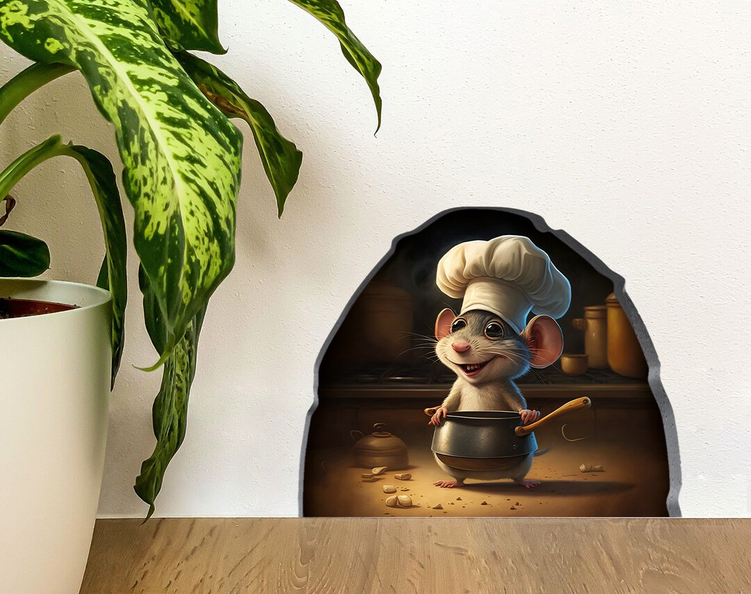 Cute Smiling Mouse Cook, Mouse Hole Sticker, 3D Wall Decal, Skirting ...